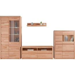 Wohnwand OTTO HOME "Silkeborg: 4-teilig, Breite: 320cm, Griffmulden, Fronten Massivholz", beige (kernbuche teilmassiv), Holzwerkstoff Kernbuchefarben (Korpus)/ Massivholz Kernbuche (Front), Holz teilmassiv, Kastenm&ouml;bel-Sets, Wohnwand, Set besteht aus 1 Vitrine, 1 Lowboard, 1 Sideboard und 1 Wandregal