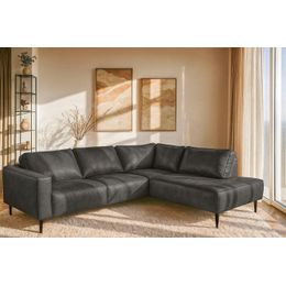 Ecksofa Home Affaire "Fumone, Lederoptik oder Soft-Touch Chenille", grau, B:260cm H:83cm T:200cm, 35% Lederfasern; 65%Polyester, Sofas, Ecksofa, Breite 260, mit schwarzen Massivholzf&uuml;&szlig;en