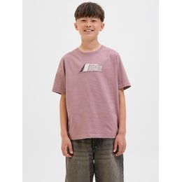 Jack & Jones T-Shirt JACK & JONES JUNIOR "JCOTIER FRONT PRINT TEE SS CN SN JNR", Jungen, Gr. 152, lila (grape shake), Single Jersey, Obermaterial: 100% Baumwolle, bedruckt, relaxed fit, Rundhals, Shirts T-Shirt