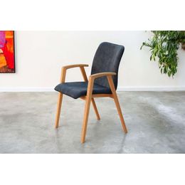 Armlehnstuhl OTTO HOME "Loreen Esszimmerstuhl, Polsterstuhl, Designstuhl", schwarz (trelew 7006 schwarz, eiche natur ge&ouml;lt), B:56cm H:86,5cm T:64cm, Holzwerkstoff, Massivholz, Polyester, St&uuml;hle, Armlehnstuhl, mit Massivgestell, hochwertig gearbeitet, Armlehnen, stilvoll, bequem