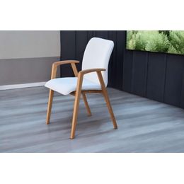 Armlehnstuhl OTTO HOME "Loreen Esszimmerstuhl, Polsterstuhl, Designstuhl", beige (storm 02 beige, eiche natur ge&ouml;lt), B:56cm H:86,5cm T:64cm, Holzwerkstoff, Massivholz, Polyester, St&uuml;hle, Armlehnstuhl, mit Massivgestell, hochwertig gearbeitet, Armlehnen, stilvoll, bequem