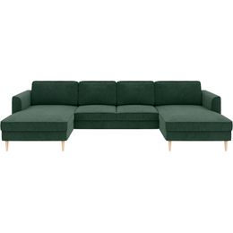 Wohnlandschaft Home Affaire "Booster, whlw. mit Schlaffunktion & Bettkasten, Fu&szlig; Buche lackiert", gr&uuml;n (dunkelgr&uuml;n), B:305cm H:83cm T:161cm, 92% Polyester, 8% Polyamid, Sofas, Wohnlandschaft, Sofa in U-Form, Breite 305 cm, in Cord oder Struktur