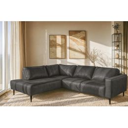 Ecksofa Home Affaire "Fumone, Lederoptik oder Soft-Touch Chenille", grau, B:260cm H:83cm T:200cm, 35% Lederfasern; 65%Polyester, Sofas, Ecksofa, Breite 260, mit schwarzen Massivholzf&uuml;&szlig;en
