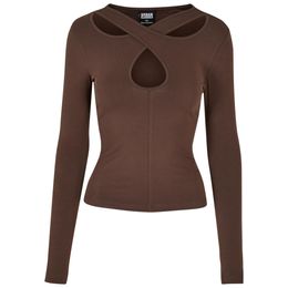 Langarmshirt Urban Classics "Urban Classics Damen Ladies Crossed Cut Out Longsleeve", Damen, Gr. 4XL, braun, 95% Baumwolle, 5% Elasthan, unifarben, normal, V-Ausschnitt, Shirts Langarmshirt