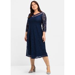 Spitzenkleid sheego "Abendkleid", Damen, Gr. 40, Normalgr&ouml;&szlig;en, blau (marine), 100% Polyamid, unifarben, wadenlang, V-Ausschnitt, Kleider