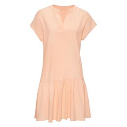 Blusenkleid Vivance "aus strukturierter Ware mit Volant", Damen, Gr. 34, N-Gr, apricot, Web, Obermaterial: 100% Baumwolle, Strukturmuster, unifarben, figurumspielend ca. Mitte Oberschenkel, V-Ausschnitt, Kleider Blusenkleid, lockeres Tunikakleid, Sommerkleid, Strandkleid, Basic
