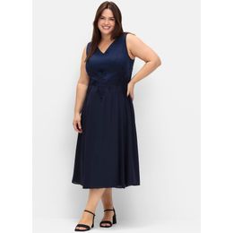 Cocktailkleid sheego "Cocktailkleid", Damen, Gr. 42, Normalgr&ouml;&szlig;en, blau (marine), 97% Baumwolle, 3% Elasthan, Unterteil:100% Polyester, unifarben, lang, V-Ausschnitt, Kleider