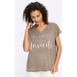 Kurzarmshirt Heine "Shirt", Damen, Gr. 38, beige, 100% Baumwolle, gemustert, V-Ausschnitt, Shirts