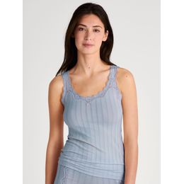 Shirttop Calida "Etude Toujours", Damen, Gr. L (48/50), aura blau, Single Jersey, Obermaterial: 95% Baumwolle, 5% Elasthan, figurbetont h&uuml;ftbedeckend, tiefer V-Ausschnitt, Tops Shirttop, zarte Spitze, Nadelstreifen-Design, Cotton-Mix, elastisch
