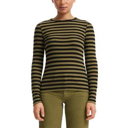 Langarmshirt QS, Damen, Gr. L, gr&uuml;n (schwarz gr&uuml;n), Rippware, Obermaterial: 97% Baumwolle, 3% Elasthan, geringelt, k&ouml;rpernah h&uuml;ftbedeckend, Rundhals, Shirts Langarmshirt, Sommershirt, geringelt, Ripp-Ware