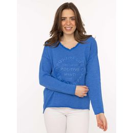 Sweatshirt Zwillingsherz "Positive Mind", Damen, Gr. L/XL, blau (royalblau), Sweatware, Obermaterial: 70% Baumwolle, 30% Polyester, unifarben, used, l&auml;ssig geschnitten Po-bedeckend, V-Ausschnitt, Sweatshirts Sweatshirt, ausgefranster V-Ausschnitt, Used Look, Langarm, Schriftzug