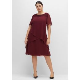 Abendkleid sheego "Abendkleid", Damen, Gr. 44, Normalgr&ouml;&szlig;en, rot (weinrot), 100% Polyester, Spitze:100% Polyamid, unifarben, knielang, Rundhals, Kleider Abendkleid