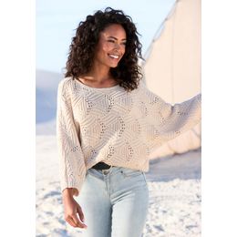 Fledermauspullover Lascana "mit aufwendigem Strickmuster, Lochstrickmuster", Damen, Gr. 32/34, beige, Strick, Obermaterial: 60% Baumwolle, 40% Polyacryl, unifarben, figurumspielend h&uuml;ftlang, U-Boot-Ausschnitt, Fledermaus&auml;rmel, Pullover, modischer Ajourpullover, Oversize-Pullover, Strickpullover, Fr&uuml;hling