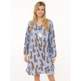 Sommerkleid Zwillingsherz "Loevely Leopard", Damen, Gr. L/XL, N-Gr, blau, Web, Obermaterial: 100% Viskose, Kleider Sommerkleid, Leopardenmotiv, mit Tassel, lange &Auml;rmel, figurumspielend