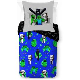 Kinderbettw&auml;sche Minecraft "Minecraft Fight Back", blau, B/L: 135cm x 200cm, 1 Stk., 1 Stk., Linon, B/L: 80cm x 80cm, 2, Linon, Obermaterial: 100% Baumwolle, Bettw&auml;sche, 100% Baumwolle