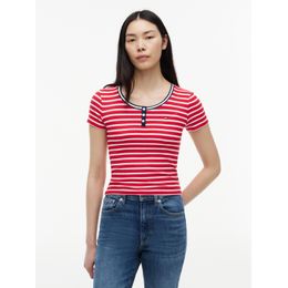 Henleyshirt Tommy Jeans "TJW SLIM HENLEY SS TEE", Damen, Gr. L (42/44), amaryllis rot, stripe, Single Jersey, Obermaterial: 95% Viskose, 5% Elasthan, gestreift, slim fit normal, Rundhals, Shirts, Viskosemischung, slim fit