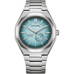 Automatikuhr Citizen "Super Titanium Zenshin 60", silber (titansilberfarben, hellblau), Armbanduhren, Herren, Automatikuhr, Armbanduhr, Herren, Mechanische Uhr, Titan, analog, dezentrale Sekunde