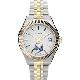 Quarzuhr Timex "TMEX x PEANUTS Timex LEGACY", silber (silberfarben, goldfarben), Armbanduhren, Damen, Quarzuhr, Armbanduhr, Damenuhr, Edelstahlarmband, Datum, Leuchtzeiger