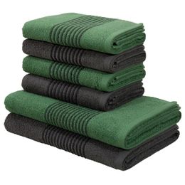 Handtuch Set Bruno Banani "Jassen, Duscht&uuml;cher, Handt&uuml;cher", gr&uuml;n (dunkelgr&uuml;n, anthrazit), 6, Walkfrottee, Walkfrottee, Obermaterial: 100% Baumwolle, Handtuch-Sets, mit gestreifter Bord&uuml;re, 6 teiliges Handt&uuml;cher Set aus 100% Baumwolle