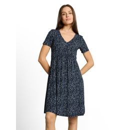 Jerseykleid Tom Tailor, Damen, Gr. 42, N-Gr, navy small leaves design, Jersey, Obermaterial: 95% Viskose, 5% Elasthan, bedruckt, regular fit knielang, V-Ausschnitt, Kleider Jerseykleid, mit All-Over Print