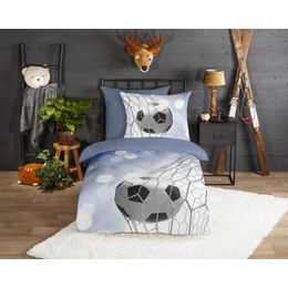 Kinderbettw&auml;sche Good Morning "Tijmen", blau (hellblau), B/L: 135cm x 200cm, 1 Stk., 1 Stk., Flanell, B/L: 80cm x 80cm, 2 Stk., Flanell, Obermaterial: 100% Baumwolle, Bettw&auml;sche, Flanell Biber, 135x200, Warm, Rei&szlig;verschluss, Wende, Junge, Fu&szlig;ball
