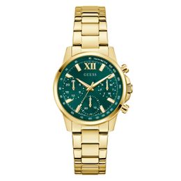Multifunktionsuhr Guess "BAILEY", goldfarben, gr&uuml;n, Armbanduhren, Damen, Quarzuhr, Armbanduhr, Damenuhr, Edelstahlarmband, Datum