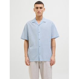 Jack & Jones Kurzarmhemd JACK & JONES "JJESUMMER RESORT SHIRT SS SN", Herren, Gr. M, N-Gr, blau (chambray blau), Web, Obermaterial: 83% Baumwolle, 17% Leinen, unifarben, relaxed fit taillenbedeckt, ohne Ausschnitt, gerader Abschluss, Hemden, mit Resort Kragen