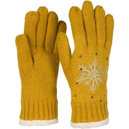 Strickhandschuhe styleBREAKER "Strickhandschuhe mit Schneeflocke, Strass und Fleece", Damen, gelb (curry), Obermaterial: 65% Polyacryl PAN. 35% Wolle WO., Modisch, Handschuhe