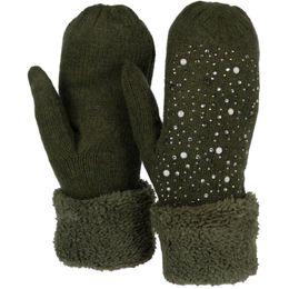 F&auml;ustlinge styleBREAKER "Strickhandschuhe F&auml;ustlinge mit Strass und Perlen", Damen, gr&uuml;n (oliv), 65% Polyacryl PAN. 35% Wolle WO., Modisch, Handschuhe F&auml;ustlinge