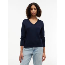 Strickpullover Tommy Hilfiger "STITCH V-NECK", Damen, Gr. L (42/44), schwarz night navy, Feinstrick, Obermaterial: 67% Baumwolle, 33% Polyamid, unifarben, Basic, regular fit normal, V-Ausschnitt, eingesetzt Rippstrickb&uuml;ndchen mit Kn&ouml;pfen, Pullover Strickpullover, mit Knopfdetail am &Auml;rmel, Regular Fit