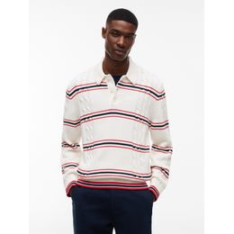 Polokragenpullover Tommy Jeans "REGULAR STRIPE CABLE KNIT POLO", Herren, Gr. L, ancient wei&szlig;, Strick, Obermaterial: 100% Baumwolle, gestreift, regular fit normal, Rundhals, eingesetzt Rippstrickb&uuml;ndchen, Pullover, Regular fit mit Polokragen