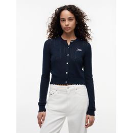 Strickjacke Tommy Jeans "TJW POINTELLE CARDIGAN", Damen, Gr. L (42/44), blau (schwarz night navy), Strick, Obermaterial: 50% Viskose, 28% Polyester, 22% Polyamid, unifarben, normal, Rundhals, Strickjacken Strickjacke, Viskosemischung, Pointelle Strick, gewellter Saum, Logo Stickerei