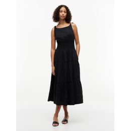 Tr&auml;gerkleid Tommy Hilfiger "SMOCK TIE NS MIDI DRESS", Damen, Gr. L (42/44), N-Gr, schwarz, Web, Obermaterial: 60% Baumwolle, 40% Modal, unifarben, regular fit wadenlang, Rundhals, Kleider Tr&auml;gerkleid, Baumwollmischung, Smok-Einsatz