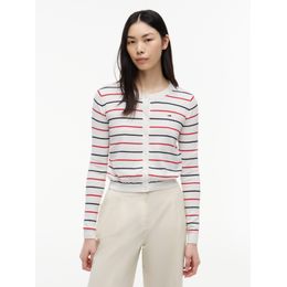Strickjacke Tommy Jeans "TJW ESSENTIAL CREW NECK CARDIGAN", Damen, Gr. L (42/44), ecru, multi stripe, Strick, Obermaterial: 100% Baumwolle, gestreift, regular fit normal, Rundhals, Rippstrickb&uuml;ndchen, Strickjacken Strickjacke, Baumwolle