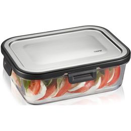 Lunchbox Gefu "MILO", silber (transparent, silberfarben, schwarz), B:15,6cm H:7cm L:20,8cm, Borosilikatglas, Edelstahl, Kunststoff, Lebensmittelaufbewahrungsbeh&auml;lter, Lunchbox, gelaserter QR Code zur Vorratskontrolle per App (nur f&uuml;r Android)