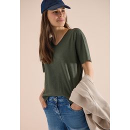 T-Shirt Cecil, Damen, Gr. XL (44), khaki, Web, 100% Baumwolle, unifarben, comfort fit normal, V-Ausschnitt, B&uuml;ndchen, Shirts T-Shirt, mit Flammgarn