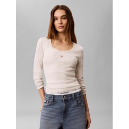 Langarmshirt Calvin Klein Jeans "LS WOVEN LABEL 2X2 RIB SCOOP NEC", Damen, Gr. S, beige (snow heather), Web, Obermaterial: 95% Baumwolle, 5% Elasthan, regular fit normal, Rundhals, eingesetzt gerader Abschluss, Shirts Langarmshirt, Mit Rundhalsausschnitt, regular fit