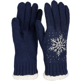Strickhandschuhe styleBREAKER "Strickhandschuhe mit Schneeflocke, Strass und Fleece", Damen, blau (dunkelblau), Obermaterial: 65% Polyacryl PAN. 35% Wolle WO., Modisch, Handschuhe