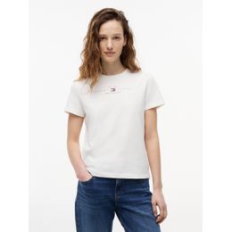 Kurzarmshirt Tommy Jeans "TJW REG US LINEAR SS TEE", Damen, Gr. L (42/44), ecru, Single Jersey, Obermaterial: 70% Baumwolle, 30% Viskose, bedruckt, regular fit normal, Rundhals, Shirts, Baumwollmischung, regular fit, Logo