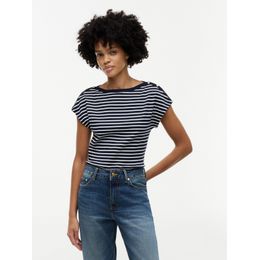 Kurzarmshirt Tommy Hilfiger "GOLD BTN CAP-SLV BOAT-NK TEE", Damen, Gr. L (42/44), breton stp schwarz night navy, calico, Single Jersey, Obermaterial: 100% Baumwolle, gestreift, regular fit normal, U-Boot-Ausschnitt, eingesetzt gerader Abschluss, Shirts, Baumwolle, mit goldfarbenen Kn&ouml;pfen