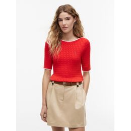 Kurzarmpullover Tommy Hilfiger "FINE GG CABLE BOAT NK S/S", Damen, Gr. L (42/44), fire rot, Strick, Obermaterial: 100% Baumwolle, unifarben mit Farbeinsatz, regular fit normal, U-Boot-Ausschnitt, eingesetzt gerader Abschluss, Pullover, Baumwolle, mit Zopfstrickmuster
