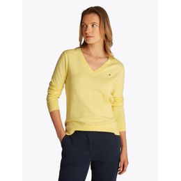 Strickpullover Tommy Hilfiger "STITCH V-NECK", Damen, Gr. L (42/44), citronella, Feinstrick, Obermaterial: 67% Baumwolle, 33% Polyamid, unifarben, Basic, regular fit normal, V-Ausschnitt, eingesetzt Rippstrickb&uuml;ndchen mit Kn&ouml;pfen, Pullover Strickpullover, mit Knopfdetail am &Auml;rmel, Regular Fit