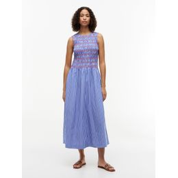 Smokkleid Tommy Hilfiger "SMOCKING STRIPE NS MIDI DRESS", Damen, Gr. S (36/38), N-Gr, stacking stp, verona blau, Web, Obermaterial: 100% Baumwolle, gestreift, regular fit wadenlang, Rundhals, Kleider, Baumwolle, wadenlang, gesmoktes Oberteil