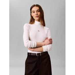 Shirttop Calvin Klein Jeans "LS WOVEN LABEL TURTLENECK", Damen, Gr. S, hellwei&szlig;, Web, Obermaterial: 95% Baumwolle, 5% Elasthan, regular fit normal, Rundhals, eingesetzt gerader Abschluss, Tops Shirttop, Mit Rundhalsausschnitt, regular fit