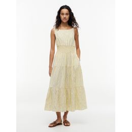 Tr&auml;gerkleid Tommy Hilfiger "SMOCK TIE NS MIDI DRESS", Damen, Gr. L (42/44), N-Gr, liquorice stp citronella, Web, Obermaterial: 60% Baumwolle, 40% Modal, gestreift, regular fit wadenlang, Rundhals, Kleider Tr&auml;gerkleid, Baumwollmischung, Smok-Einsatz