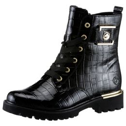 Schn&uuml;rstiefelette Remonte, Damen, Gr. 41, gold (schwarz, goldfarben), Lacklederimitat, gl&auml;nzend, kontrastfarbene Details, Schuhe Schn&uuml;rstiefelette, Blockabsatz, Schn&uuml;rboots im Kroko-Look, Innenrei&szlig;verschluss