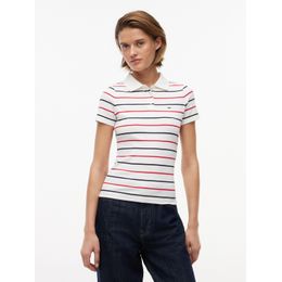 Poloshirt Tommy Jeans "TJW SLIM RIB SS POLO", Damen, Gr. L (42/44), ecru, multi stripe, Single Jersey, Obermaterial: 95% Baumwolle, 5% Elasthan, gestreift, slim fit h&uuml;ftlang, V-Ausschnitt, Shirts, mit gerippter Struktur