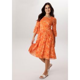 Meshkleid Aniston SELECTED, Damen, Gr. 42, N-Gr, orange, beige, sonnengelb, braun, Mesh, Obermaterial: 95% Polyester, 5% Elasthan. Futter: 95% Viskose, 5% Elasthan, gebl&uuml;mt, figurumspielend knieumspielend, Rundhals, angeschnitten Volant, Kleider, mit gro&szlig;fl&auml;chigen Batik-Bl&uuml;ten bedruckt - NEUE KOLLEKTION