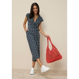 Culotte-Overall Tamaris "mit lockerem Schnitt, aus flie&szlig;ender Viskose-Qualit&auml;t", Damen, Gr. 44, N-Gr, navy gemustert, Single Jersey, Obermaterial: 95% Viskose, 5% Elasthan, gebl&uuml;mt, figurumspielend ca. Mitte Wade, V-Ausschnitt, Overalls, mit Bindeg&uuml;rtel und modernem Muster