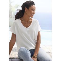 Vivance Kurzarmpullover beige Gr. 44/46 f&uuml;r Damen. Mit V-Ausschnitt. Figurumspielend